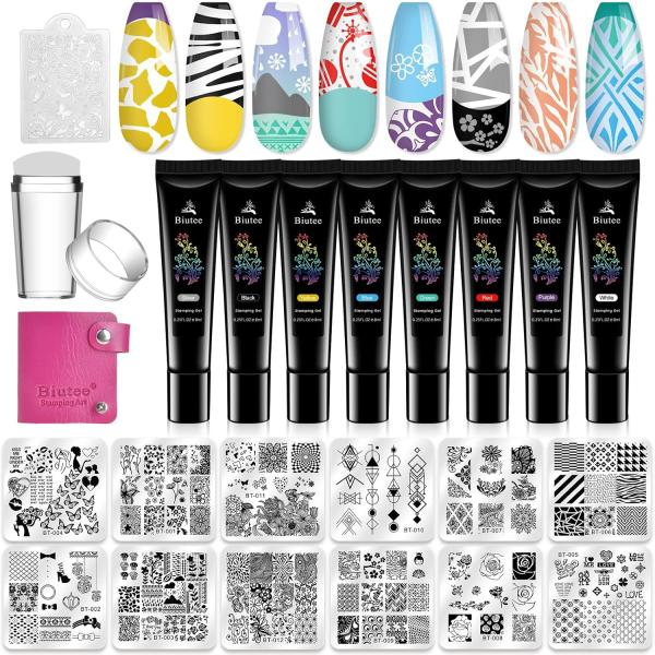 ●パッケージ12枚プレート＋8本スタンピング ジェル＋1スタンプ+1スクレーパー＋1バッグ。●自由自在にスタンピングアートが楽しめます！ スタンピングポリッシュでご使用下さいね!●安全性ネイルと肌に優しい天然樹脂を使用、環境にやさしくて、刺...