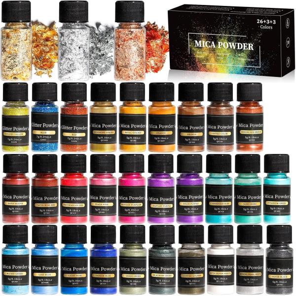●セット内容上質な微粒子マイカパウダー 26色*5g +3色レーザーパウダー+3色金箔粉+ピンセット*1（色によって材料が違うため重さは同じですが、体積が異なる場合があります。）●使いやすい透明なプラスチックのボトルに保存していて、識別と整...