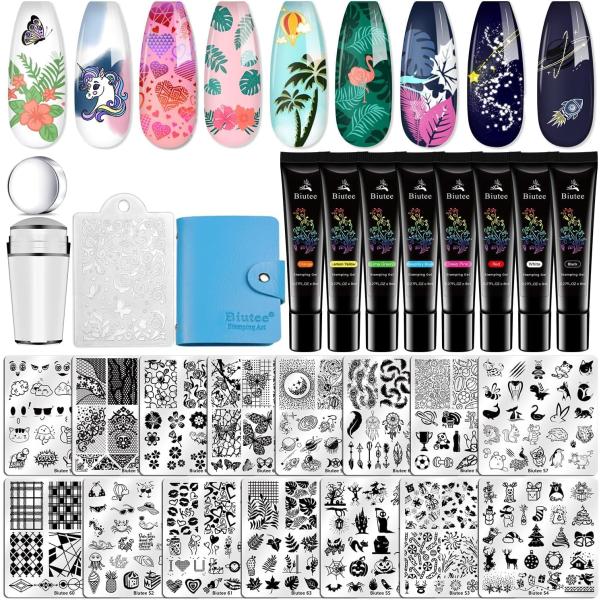 ●内容物ネイル専用スタンプジェル8ｍｌ*８色＋ネイルスタンププレート15枚＋収納帳１冊＋スタンプ１枚＋交換用スタンプヘッド２枚、お買い得２７点揃ったセットです！●発色が良い程良い粘度、取りやすいスタンピングジェルです。ガラスのような艶美しい...