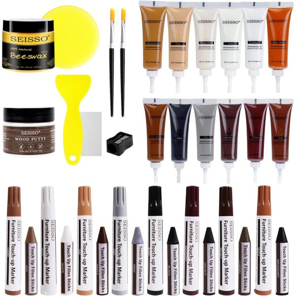 /商品について木製品補修クリーム、木製品補修クレヨン、パテ100g*1、蜜蝋ワックス*1、スポンジ*1、サンドペーパー*1、スクレーパー*1、鉛筆削り*1ブラシ*2。/使用方法木質パテをスクレーパーで裂け目や傷に塗り、木製補修クリームでパテ...