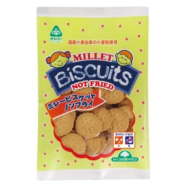 原材料に卵・乳不使用。国内産小麦粉が主原料の生地を焼き上げた、ほんのり甘いビスケットです。ノンフライタイプのミレービスケット。使用しているショートニングは、製造過程で水素添加しておりません。おやつやおつまみに、そのままお召し上がりください。...