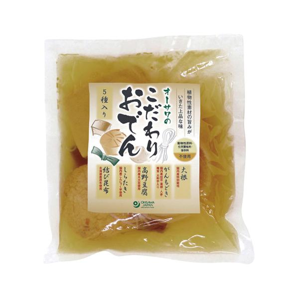 マクロビオティックおでん温めるだけで手軽に食べられる素材の旨みをいかした上品な味■天然の旨みをいかし、じっくりと煮込んだ■大根、がんもどき、高野豆腐、しらたき、結び昆布の5種類入り■枝豆・れんこん・にんじん・椎茸・大和芋入りのオリジナルがん...