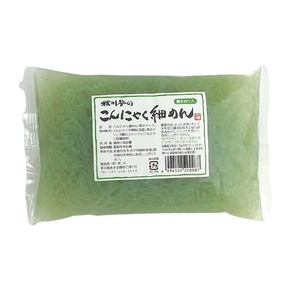 国内産契約栽培のこんにゃく精粉に青さのりを入れて特殊製法で造り上げた、こんにゃく細めんです。細いのでタレのからみが良く、野菜とあえてサラダにして食べるほか、そのままめんつゆ・ぽん酢などで食べるのもおいしいです。さっと水洗いをして水を切り適当...