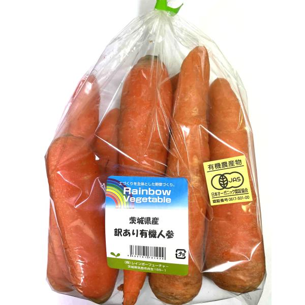 生産者：レインボーフューチャー（茨城県筑西市）有機JAS認証（許0）二股や割れ、虫食い痕など、Ｂ品の人参です。（病気などで傷んだ部分は入れていません。）人参ジュースなどに最適な、１kgパックです！爆買
