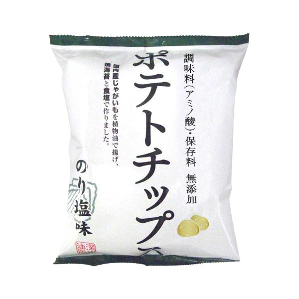 国内産のじゃがいもを植物油で揚げ、「焼海苔」と「食塩」で味付けしました。調味料（アミノ酸）・保存料を一切使用しない「のり塩味」のポテトチップスです。原材料：じゃがいも（国産）、植物油、食塩、焼海苔保存方法：直射日光、高温多湿を避けて保存して...