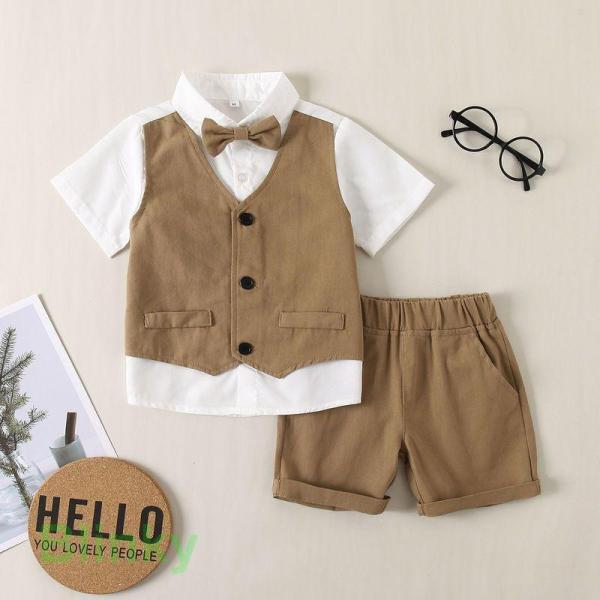 ◆素材：ポリエステルセット内容：3点セット（ワイシャツ ズボン 蝶ネクタイ）子供服 ベビー シャツ ベスト フォーマル 男の子 スーツ baby 紳士風 半袖 赤ちゃん キッズ 誕生日 お宮参り 結婚式 かっこいい セットアップ●輸送上の都...