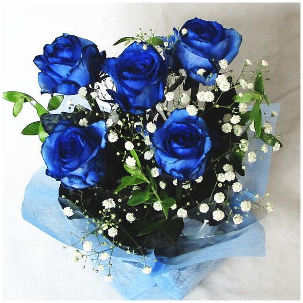 青いバラ/ペインテッドブルー5本　カスミソウ　オリーブの葉北海道・北東北・九州・沖縄のお届けのみ遠方料金がかかります。