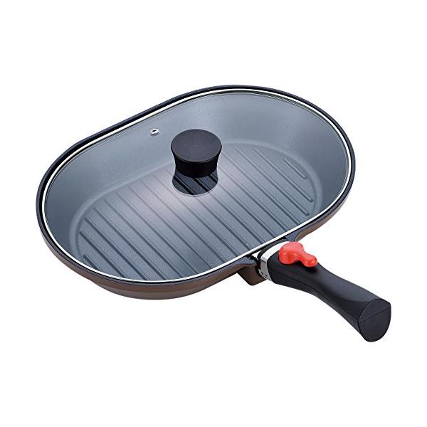 単品・ブラウン  MM-9546・単品ハンドル着脱式・商品サイズ:約 幅33.8×奥行24.3×高さ10.1cm、重量:約1620g・鍋の高さ:5.3cm・本体:アルミニウム合金、内面:ふっ素樹脂加工、外面:セラミック塗膜加工、底部:鉄、ハ...