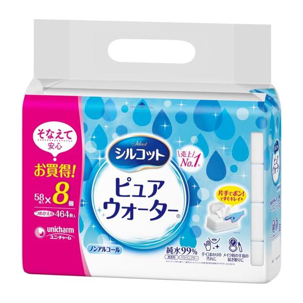 純水99％を使用しているので、『手・口まわりに使えて、お肌にやさしい』ウェットティッシュです●∞（むげん）形状の取り出し口設計で、片手でシートを1枚ずつサッと取り出せます。●肌触りのよい「厚手やわらかシート」採用。●ノンアルコール・無香料・...
