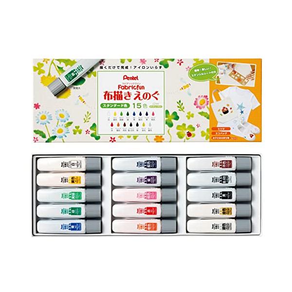 【商品概要】容器:ポリチューブ、紙箱付属品:ステンシルシートセット色:15色(白、黄色、黄緑、緑、青、藍色、紫、桃色、赤、橙色、茶色、暗い灰色、黒、金色、銀色)299×109×21mm359g【商品説明】説明画材 『ファブリックファン 布描...