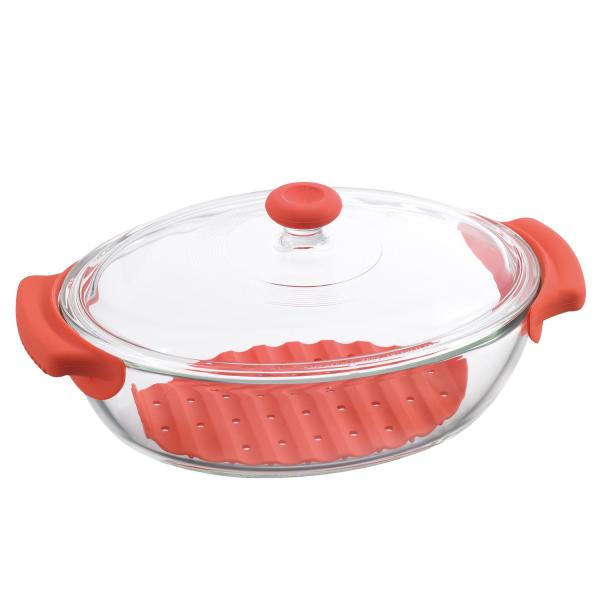 【商品概要】サイズ:幅26×奥行16.5×高さ11.5cm重量:1200g容量:1.3L素材・材質:本体・フタ/耐熱ガラス、把手カバー・フタツマミカバー・スノコ/シリコーンゴム(耐熱温度200度)生産国:タイ機能:電子レンジ・オーブン対応可...