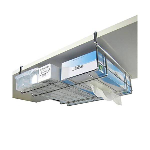 【商品概要】ラックにはラップが３本入り、ティッシュが取り出せる専用窓口を付けました。いつも使いたい物はすぐ手の届く所に！ティッシュは少しお使いになったものを使用されますと、よりスムーズに取り出せます。吊り戸棚の棚板の厚み約３ｃｍまで、棚板と...