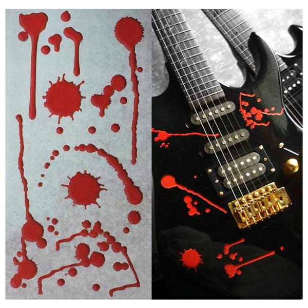 【商品概要】アコースティックやエレキのボディに。ギタリスト＆ベーシスト達のステッカー。貼り方説明書付車やバイクにも使用できます本物の血痕の様なリアルなデザイン。貼った後はレモンオイル等でメンテナンス可能です。【商品説明】説明ギターやベース　...