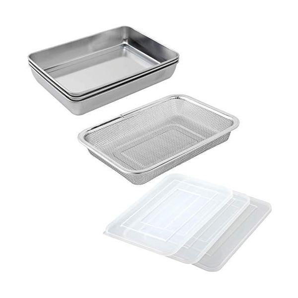 【商品概要】【商品サイズ(約）】全体:幅23.5×奥行16.5×高さ9、バット:幅22×奥行15.5×高さ3.5、角型ザル:幅22.5×奥行16×高さ3.5、フタ:幅22.5×奥行16×高さ1 【重量(約)】バット:150g、角型ザル:11...