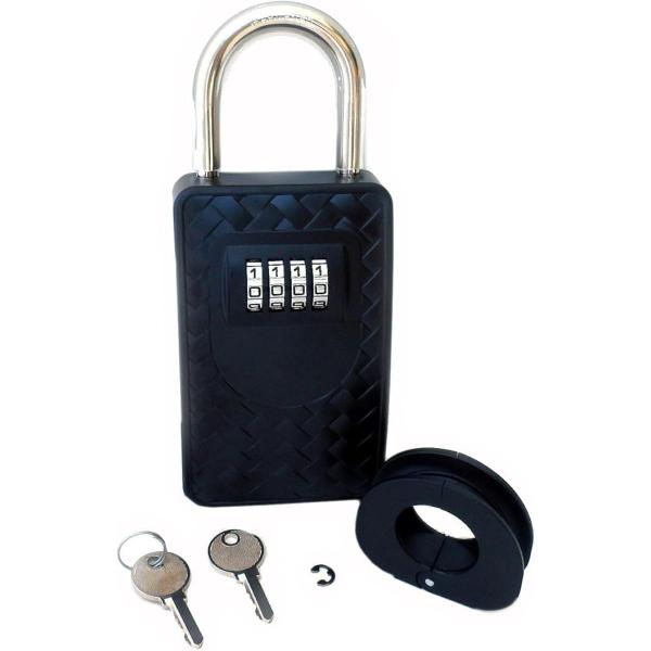 【商品概要】色:黒本体サイズ:75×180×32mm材質:本体/亜鉛ダイカスト、シャックル/スチール(焼き入れ処理)、アダプター/ナイロン樹脂、ワイヤー/真鍮取付場所:ドアノブまたはドアレバーに引っ掛ける収納可能鍵サイズ:全長90mm幅45...