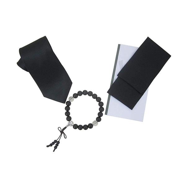 【商品概要】フォーマル礼装に対応した小物セット。揃えておけばあわてない葬祭セット。【素材】ネクタイ：ポリエステル100％【サイズ】ネクタイ（全長）：約144cm 剣幅：約８.5cm(レギュラーサイズ)数珠（腕周り）：約24cm　重さ：約70...