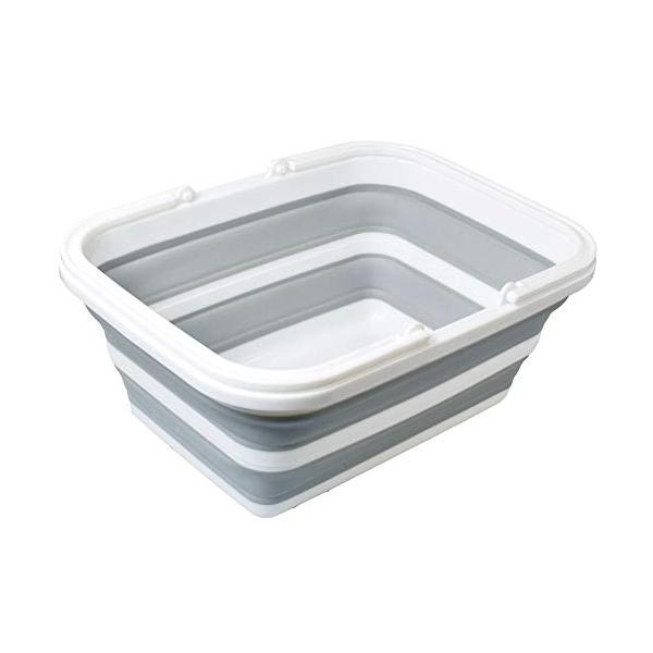 【商品概要】【サイズ(約)】38.5×28.7cm 高さ:5.5〜17cm【容量(約)】8.5L【カラー】ホワイト×グレー【素材】ポリプロピレン、TPE【生産国】中国【たたんで伸ばしてどこでも大活躍♪】ぐっと一押しでぺったんこ！片付け場所に...