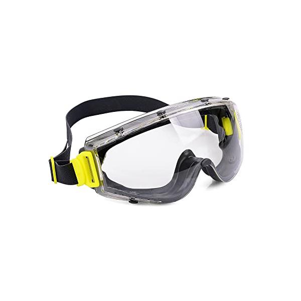 【商品概要】耐衝撃性の高いポリカーボネート製透明レンズゴーグル型安全メガネサイドプロテクトデザインで正面・側面からの飛来物防止調節できる柔らかいゴムストラップでフィット感がよく、TPEフレームで長時間の着用でも快適性が持続ベンチレーター+防...
