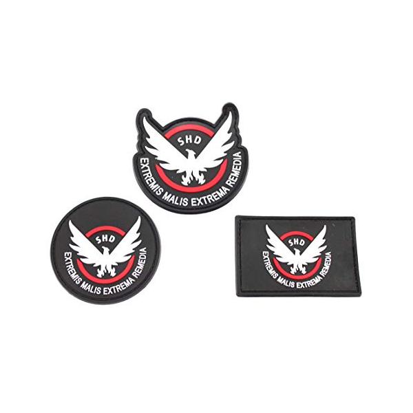 【商品概要】The Divisonのエンブレム風ベルクロワッペン、お得な3点セットです。マジックテープが付いているので簡単に取り付けて頂けます。サイズ（約）：丸型タイプ 8×8ｃｍ、長方形タイプ10×7.5cm ウィングタイプ 9×9cmセ...