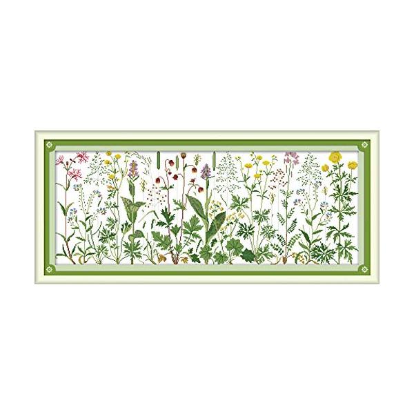 【商品概要】柄のデザイン:草原の花。仕上がりサイズ:85×36cm(フレームなし)番手:422×159(14CT精密印刷)。スレッドカラー:22内容: コットンキャンバス、十分な糸、針、カラフルなチャートスタンバイ、英語の説明書。【商品説明...