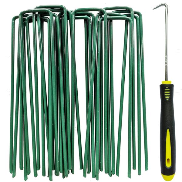 【商品概要】●人工芝、防草シート、各種シート・マット等を地面に設置・固定できるU字型ピンの商品です。●バッゲージ数量：30本、50本、100本よりお選びいただけます。●サイズ：長さ15cm、幅3cm●材質：スチール●色:グリーン【商品説明】...