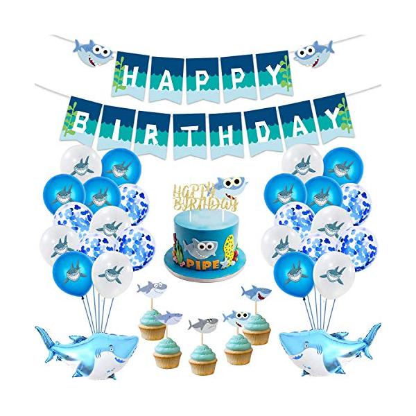 【商品概要】パッケージには、1つのhappy birthdayガーランド、1つのバースデーケーキトッパー、20つのカップケーキトッパー、2つのアルミバルーン、8つの紙吹雪入れ風船、16つのラテックスバルーン、1つのリボン、合計49枚のサメ誕...