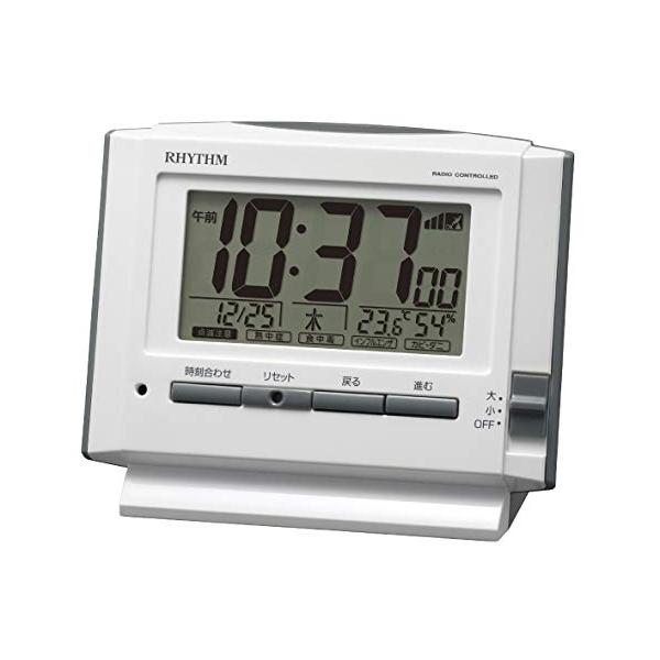 【商品概要】サイズ：10.4x12.4x5cm使用電源：単3形×2本(別売)ムーブメント：電波時計アラーム：電子音（ピピピ）(大⇔小）切替可その他：温度表示（-9.9〜50℃）、湿度表示(20〜95%)、環境目安表示、カレンダー、バックライ...