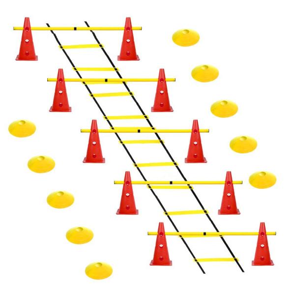 【商品概要】セット内容：三角コーン5本セット、竿付き；トレーニングラダー6m(プレート 12枚)；マーカーコーン十個使う場所：このセットの用途は多く、様々なシーンでご利用いただけます。運動会、陸上競技、バスケットボール、サッカー、ローラース...