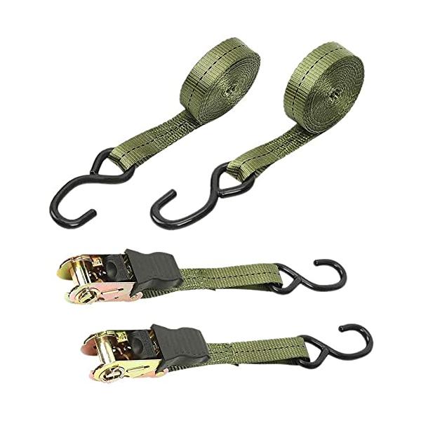 【商品概要】【基本仕様】調節側長さ：4ｍ、固定側長さ：0.2m、幅：2.5cm。 ラチェット機能付きで、しっかりと荷物の締め付けが行えるラチェットベルト2本セット。【最大荷重300kg＆破断荷重800kg】高品質ポリエステルを採用して、固定...