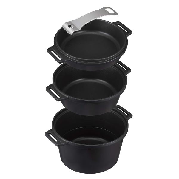 【商品概要】【軽量&amp;コンパクト】重ねて収納できる鍋の3点セットに、着脱式のハンドルも付属しています。総重量も1.3kgと軽量で、どこへ持って行っても便利にお使いいただけます。【熱伝導性が高い】アルミニウム製の鋳物は、熱伝導性が高く効...