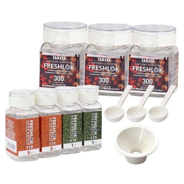 【商品概要】セット内容:● スパイスボトル110ml（白パッキン仕様）1ホール×2個　●スパイスボトル110ml（白パッキン仕様）5ホール×2個 ●フレッシュロック 300ml(白パッキン仕様)×3個 ●小スプーン×3本　●じょうご×1個商...