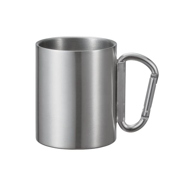 【商品概要】持ち歩きしやすいカラビナハンドルのステンレスマグです。 持ち手にはカラビナを使用しているので、折りたたんで収納が可能です。本体サイズ：Φ75×90（mm）容量：270ml素材：ステンレス　他付属品：取説付（紙箱面）【商品説明】持...
