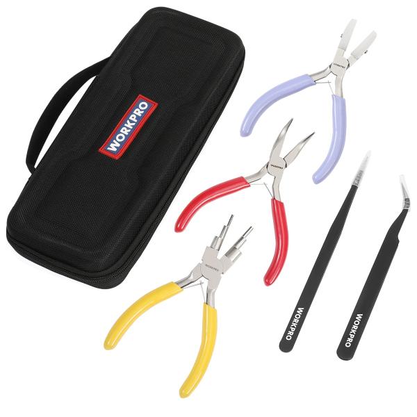 【商品概要】【セット内容】：多機能ペンチ*1pc、ナイロンジョープライヤー*1pc、先曲ペンチ*1pc、ストレートピンセット*1pc、先端曲がりピンセット*1pc、収納ケース【多機能】：ナイロンジョープライヤーの先端はカバー付きので、使用中...