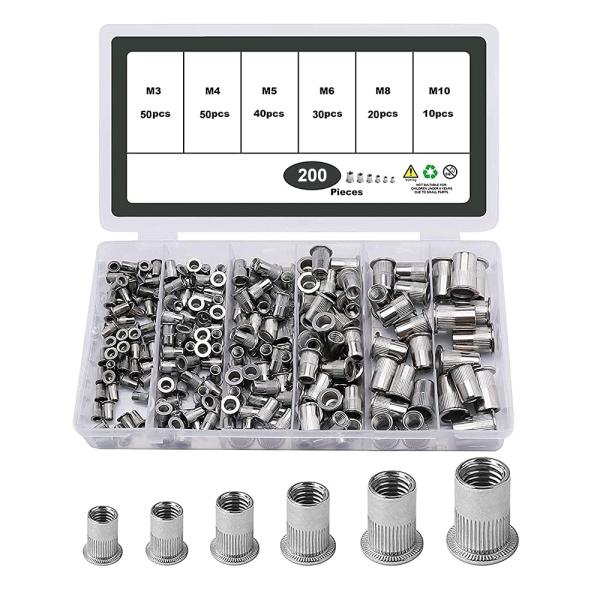 【商品概要】サイズ:M3*50/M4*50/M5*40/M6*30/M8*20/M10*10ステンレスローレット鋼リベットナット。機械、治具等を作ったり、修理するのに使用します。便利な収納ケース付き：すべてのナットは、持ち運びに便利なプラス...