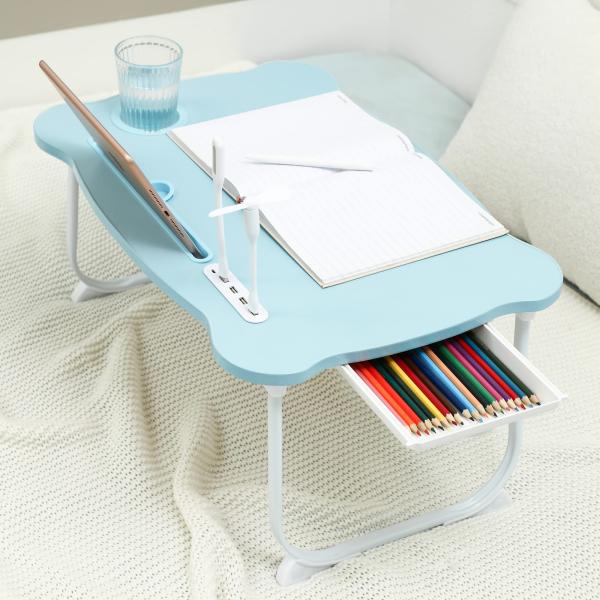 【商品概要】? 【基本仕様】製品サイズ：長60*幅40cm*高さ28cm；折りたたんだ厚み：約4cm 商品重量：2.6kg 耐荷重：35kg 高品質な素材：天板/HDF木製、脚部/アルミニウム合金?【多機能折りたたみテーブル】読書灯とファン...