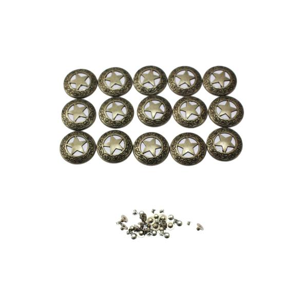 【商品概要】アンティークでおしゃれな星のコンチョです。お財布・バッグ・ベルトなどのレザークラフト制作に◎サイズ：直径28mmセット内容：コンチョ×15個/ネジ30本色：SILVER材質；亜鉛合金【商品説明】【商品詳細】ブランド：Speed ...