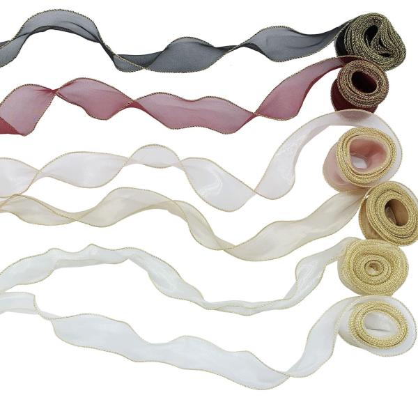 【商品概要】透け感がある柔らかいオーガンジーリボン6色セットです。素材：ポリエステル。ラッピングや工芸品の包装などに愛用され続けているリボン。あらゆる種類の装飾に高級感と華麗感を飾り付けます。幅広い用途：ニットや布帛の袖口、裾口、帽子レース...