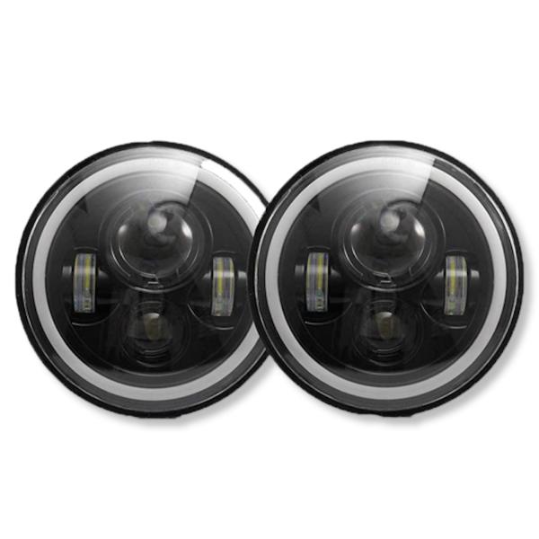 【商品概要】【商品詳細】内容品：ヘッドライト×2個（純正ヘッドライト交換タイプ）、発光色：ホワイト(6500K)、サイズ：7インチ、カプラー：H4、電圧：12V、リングカラー：ホワイト(DRL)&amp;アンバー(ウインカー)切り替え、ルー...