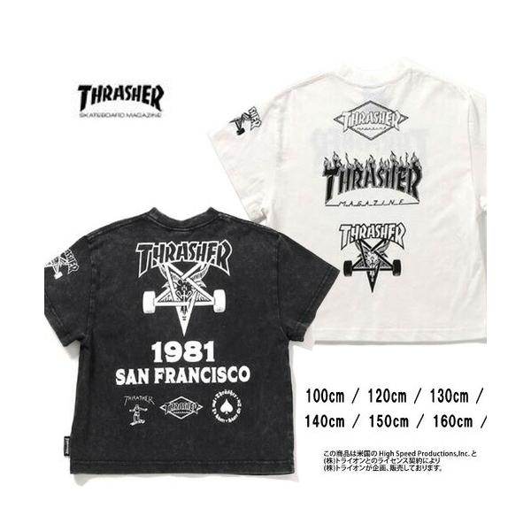 キッズ、ジュニア、レディースサイズ!!インパクトのあるプリントが目を惹くTHRASHERコラボTシャツが登場！大き目のサイズ感でダボっと着るだけでサマになるアイテム。定番のカラー展開で柄ボトムとも相性◎THRASHERならではの世界観を楽し...