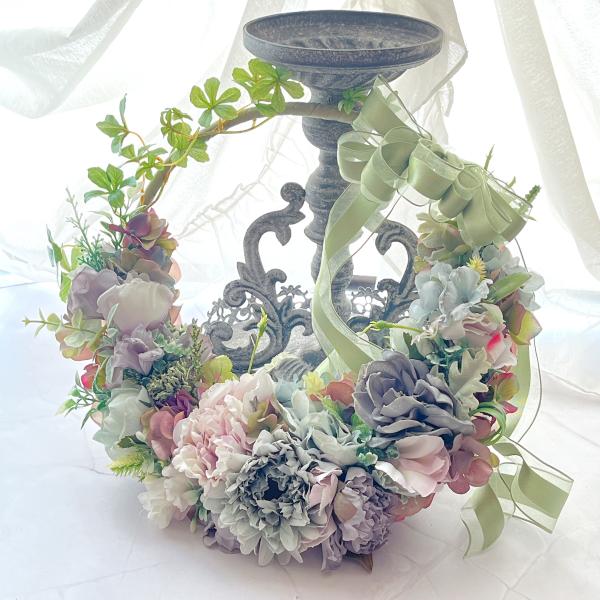 ご覧いただきありがとうございます。リースブーケ&amp;ブートニアブルーグリーンのスモーキーなカラーで仕上がりましたインテリアリース　ブーケですウエディングブーケはもちろん、ご自宅用のインテリアリースとして楽しんで頂けます。土台はツルベース...