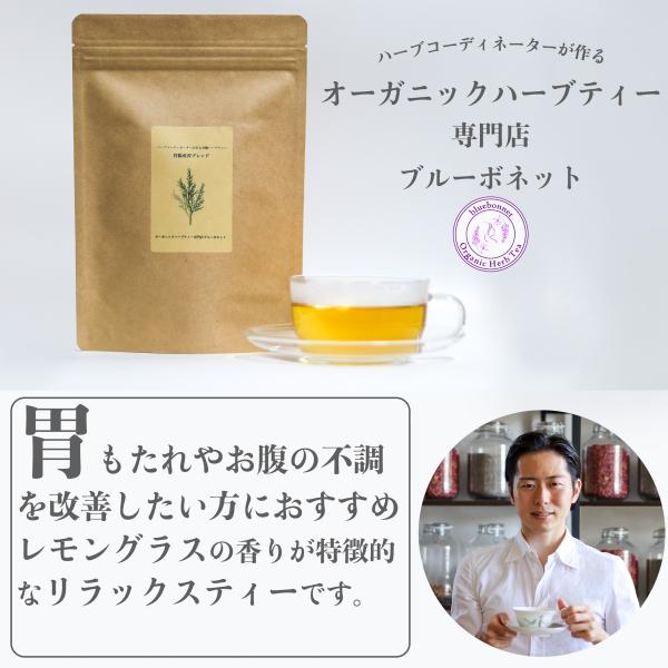◯オーガニックハーブティー専門店ブルーボネット　ハーブコーディネーターが作るハーブティー胃のストレスや疲労による不調、胃の痛みや胃もたれがつらい時におすすめです。清涼感のあるすっきりとしたハーブティーです。■原材料レモングラスペパーミント国...