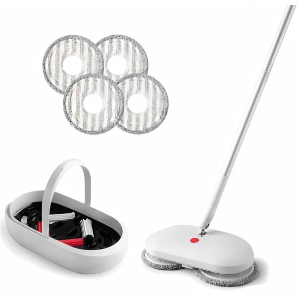 【最新のデザイン：自動洗浄機能搭載】収納スタンドに置き、ワンタッチを押すと、電動モップのローラーは自動洗浄と脱水が可能。全使用過程は手洗い必要なく、手を守ってくれます。低ノイズで夜中でも自由に床掃除できる。【床掃除モップパッド・清潔能力が強...