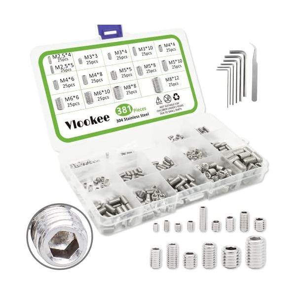 【六角穴付止めネジセットパッケージ詳細】止めねじ M2.5、止めねじ M3、止めねじ M4、止めねじ M5、止めねじ M6、止めねじ M8各モデルの製品数は25個です。六角レンチ6本。合計6サイズいもねじ381個セットです。【イモネジ 材質...