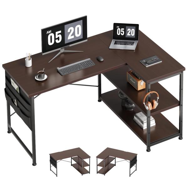 【商品概要】【棚は左右に取り替えができる】L字型の棚の左右も切り替え自由なので、様々なシーンにあわせます。サイドの収納袋の位置もL字型の本棚の位置に合わせて変えることができます。【十分な収納スペース】広いデスクの天板とオープンな足元スペース...