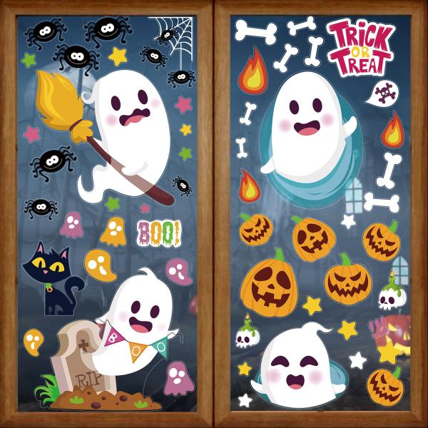 【商品概要】ステッカー1枚サイズ：28ｘ21cm，8枚/合計101pcs入り。素材：PVCを採用して、耐久性があり、耐衝撃性、耐湿気です。柄：幽霊、コウモリ、カボチャ、黒猫、骨などの可愛いハロウィーンスタイルのデザインをしています。静電気で...