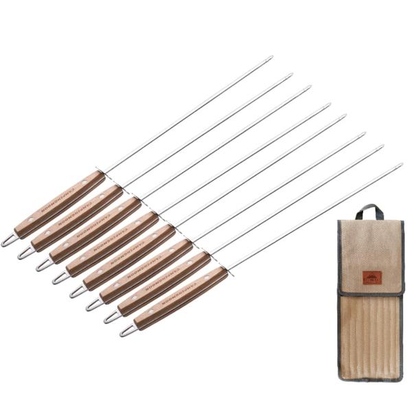 【商品概要】サイズ：全長約47cm 串部分34cm 太さ3mm重量：約120g/本、900g/組（8本/組）材質：ステンレス、ケヤキ付属品：キャンバス収納ケース付き特徴：天然木（ケヤキ）の手部分には熱が回らないため扱いやすい。食材が回りにく...