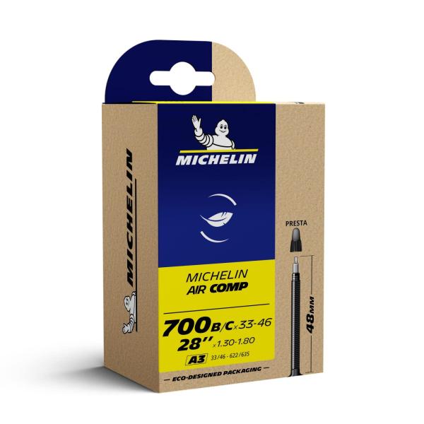 【商品概要】自転車用チューブ 700 x 33-46 MICHELIN AIRCOMP A3 プレスタバルブ 48mm 製品名：自転車用チューブ 使用用途：ロード 製品モデル：AIRCOMP 寸法：700 X 33-46 バルブタイプ：プレ...