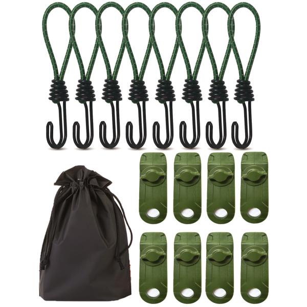 【商品概要】??【テントタープ部品 セット】ストレッチコード8本（長さ：16cm 重量：約25g コードの直径：約6mm，耐荷重：30KG）、テントクランプ8個（8.5*2.6*2.8cm ，重さ21g）+収納袋。テント、キャンプ、タープ、...