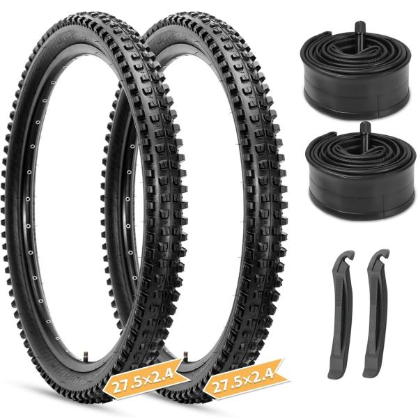 【商品概要】[セット内容]：自転車タイヤ2本+チューブ2本+タイヤレバー2本。[タイヤサイズ]：27.5x2.4インチ(ETRTO：61-584 mm)；最大空気圧は55 P.S.I(350 Kpa/3.5 BAR)。高品質のゴム材料とナイ...