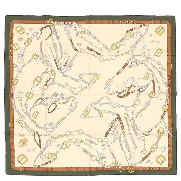 ■商品情報[管理番号]240500509104 [ブランド]エルメス（HERMES）[カラー]アイボリー×ヴェールロデン×ヴィユードール [素材]シルク[生産国]フランス[サイズ]W(底辺)90cm x H(最長)90cm[重量]70g[付...